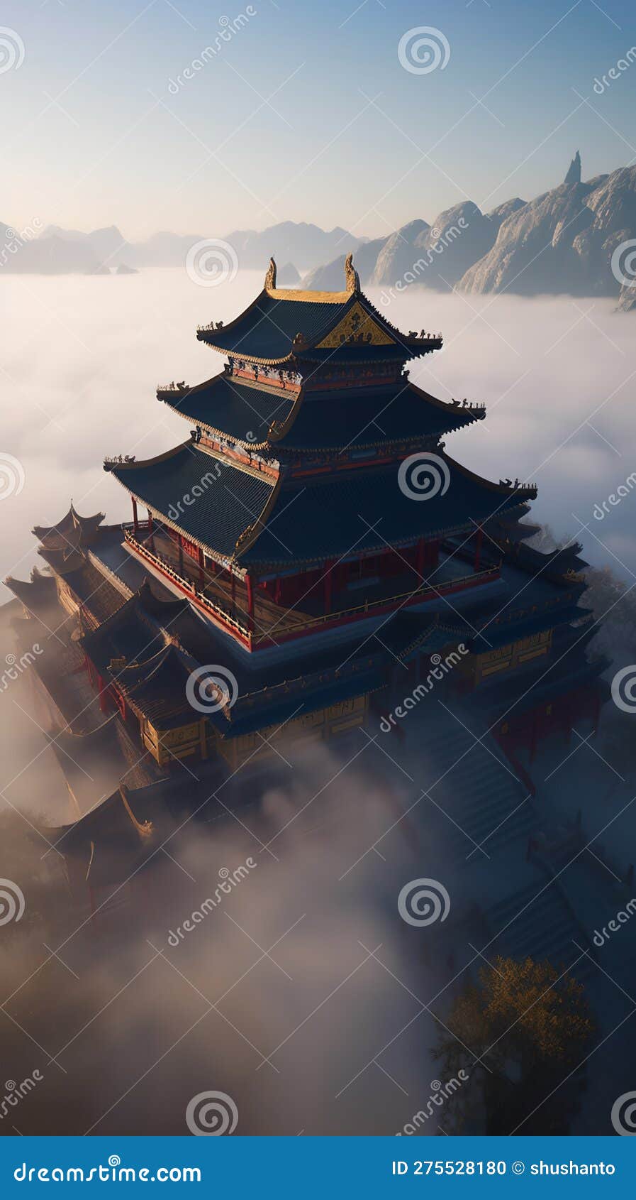 A Great Chinese Palace is Above Clouds, Distant Waterfalls Flow Down ... A Great Chinese Palace is Above Clouds, Distant Waterfalls Flow Down ...