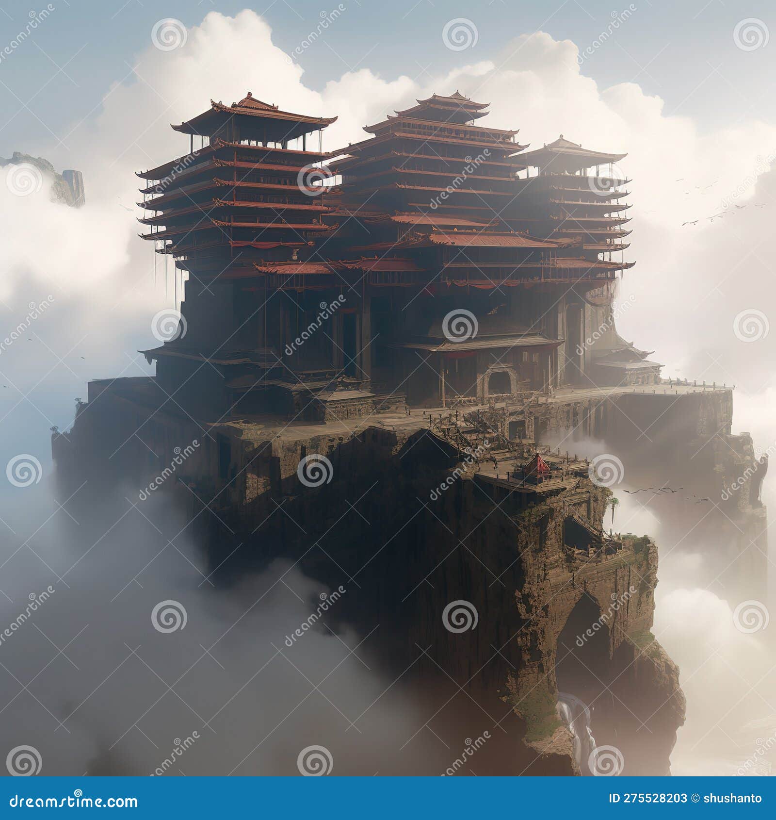 A Great Chinese Palace is Above Clouds, Distant Waterfalls Flow Down ... A Great Chinese Palace is Above Clouds, Distant Waterfalls Flow Down ...
