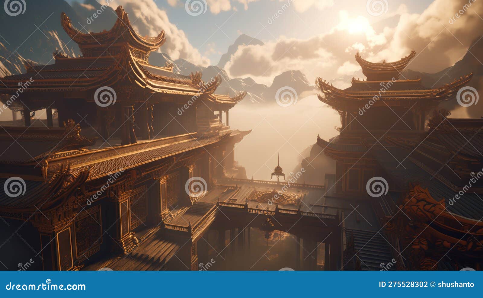A Great Chinese Palace is Above Clouds, Distant Waterfalls Flow Down ... A Great Chinese Palace is Above Clouds, Distant Waterfalls Flow Down ...