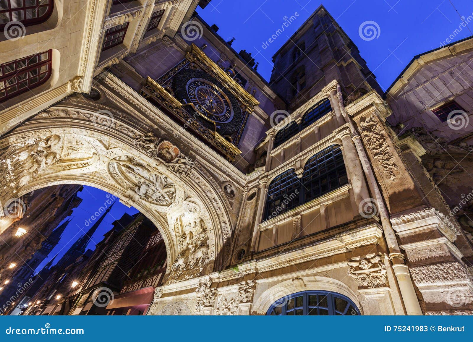 The Great Clock in Rouen stock image. Image of blue, evening - 75241983