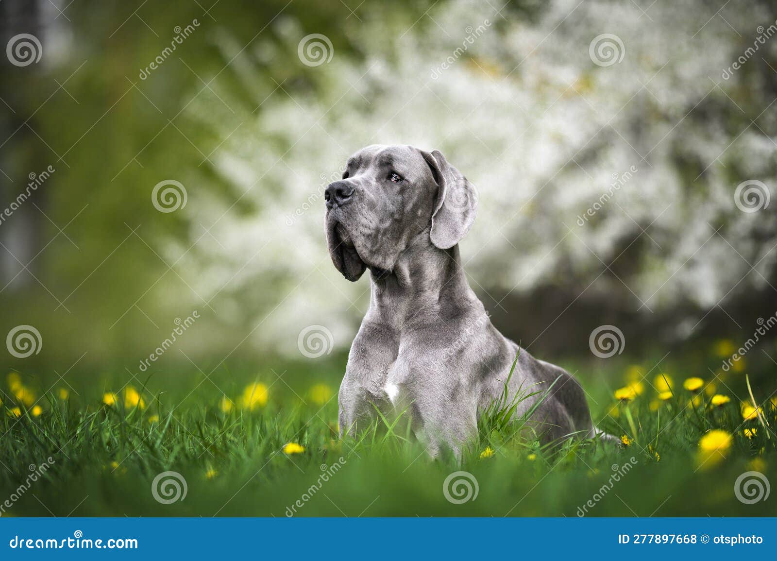 Great Dane Dog Lying Down on Grass in Spring Stock Photo - Image of ...