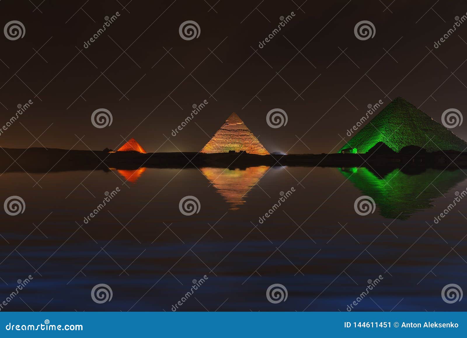 Great Giza Pyramids at Night, Water Reflection Stock Image - Image of ...