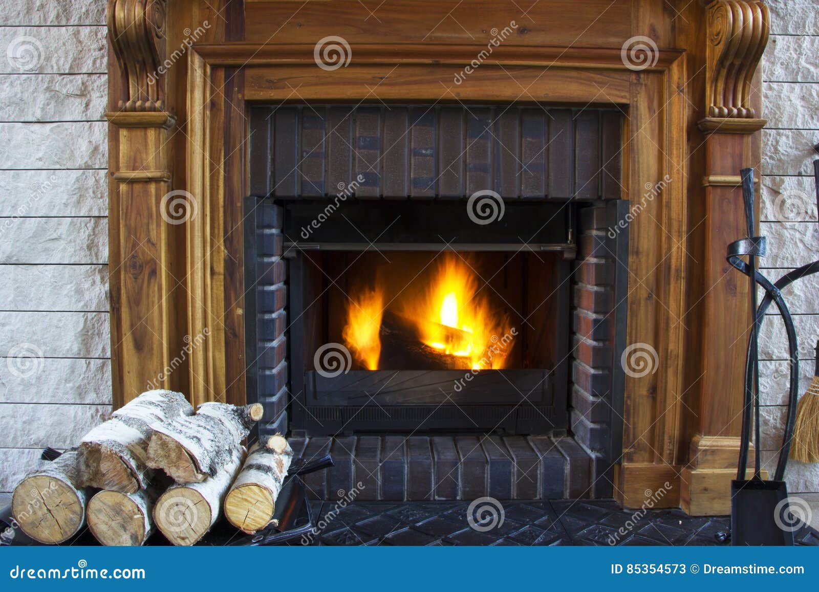 Great Home Fire Burning in the Fireplace. Stock Image - Image of ...