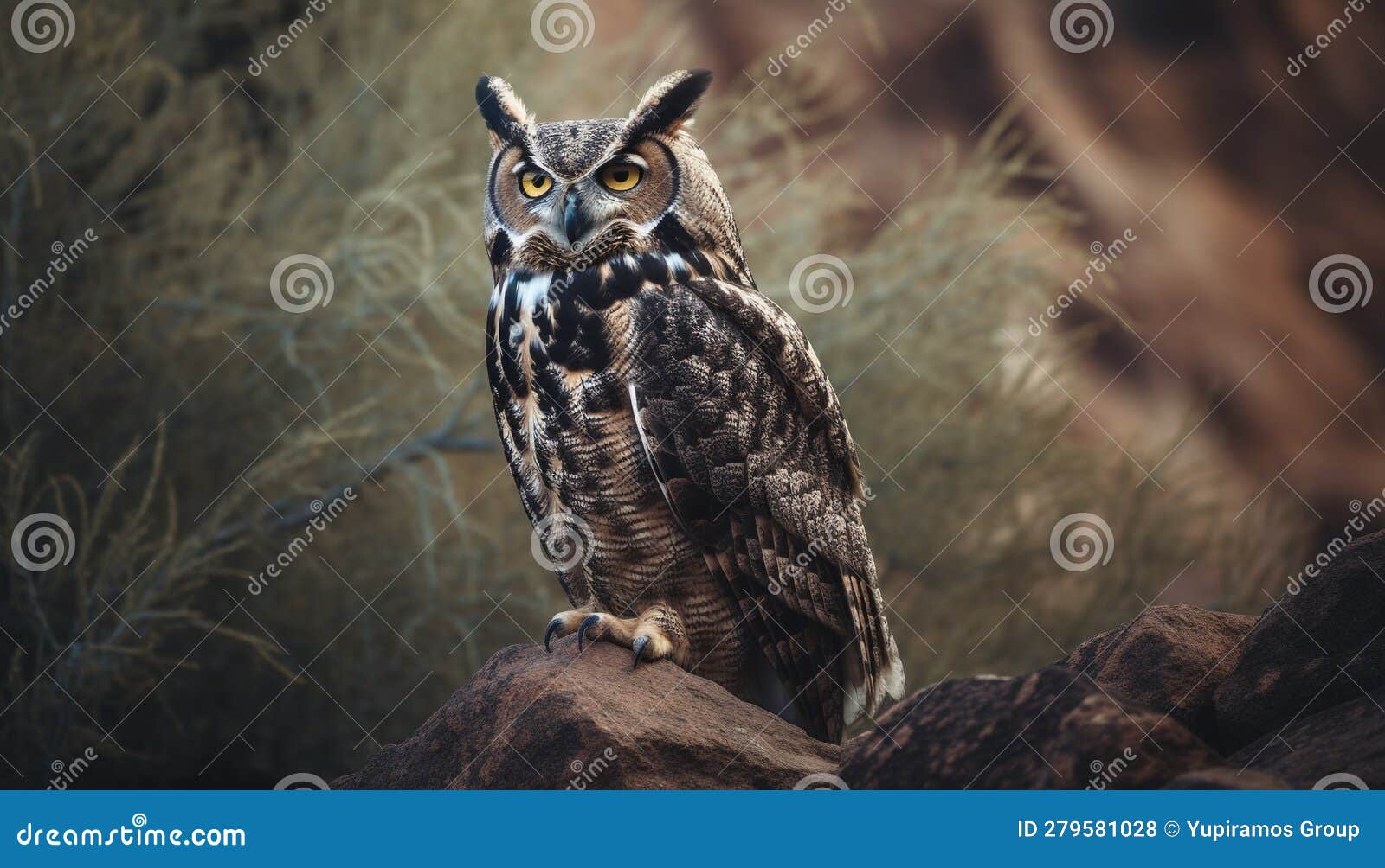 Great Horned Owl Perching on Branch, Staring at Camera Generated by AI ...