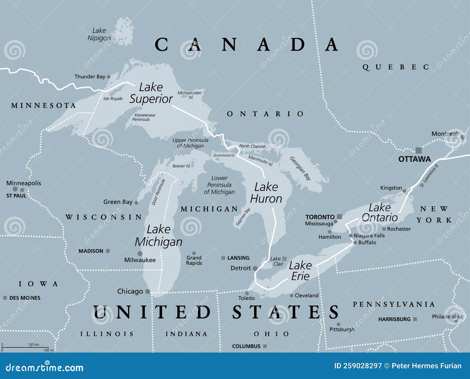 Great Lakes Of North America, Freshwater Lakes, Gray Political Map ...