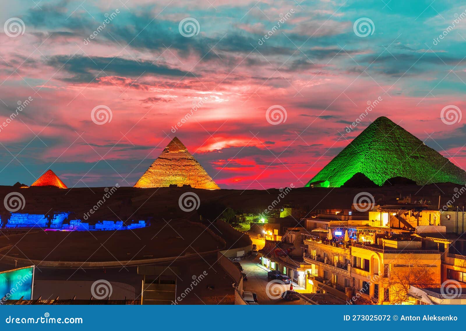 The Great Pyramid Complex Enlighted at Night, Giza, Egypt Stock Photo ...