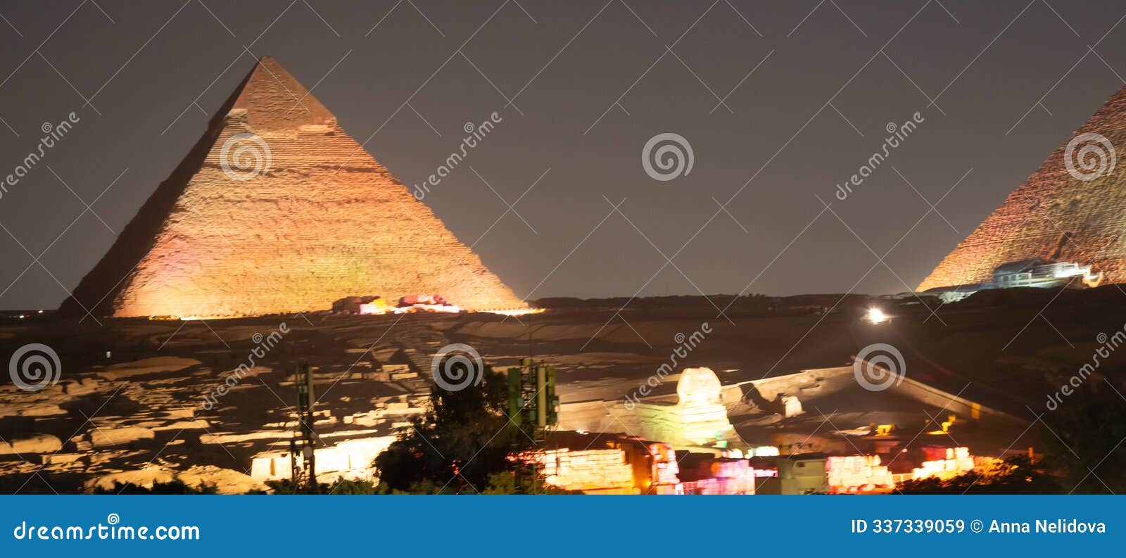 Great Pyramid Complex Enlighted at Night, Giza, Egypt Stock Image ...