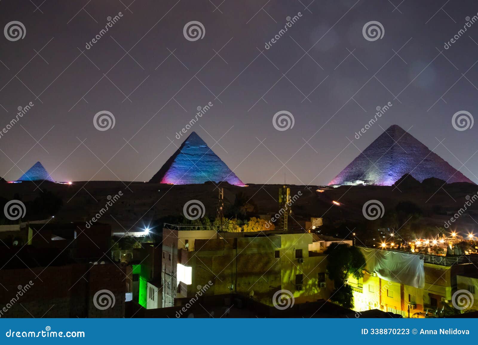 Great Pyramid Complex Enlighted at Night, Giza, Egypt Stock Image ...