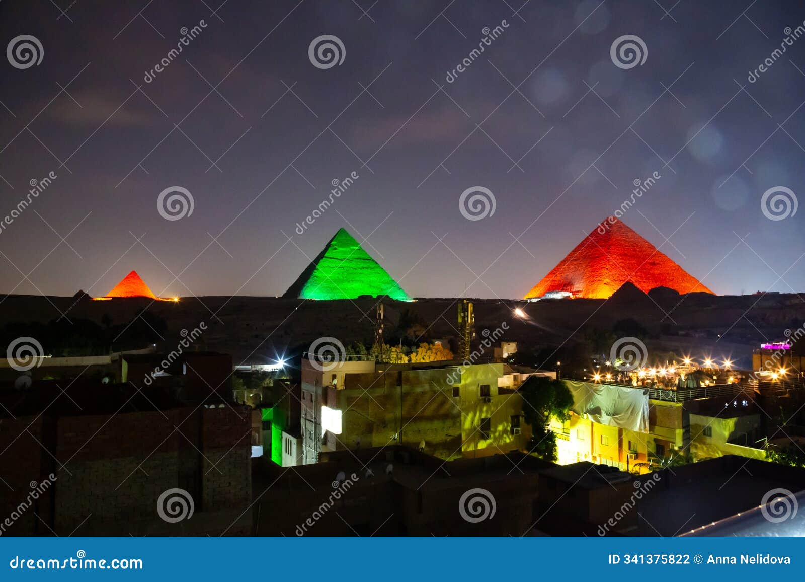 Great Pyramid Complex Enlighted at Night, Giza, Egypt Stock Photo ...