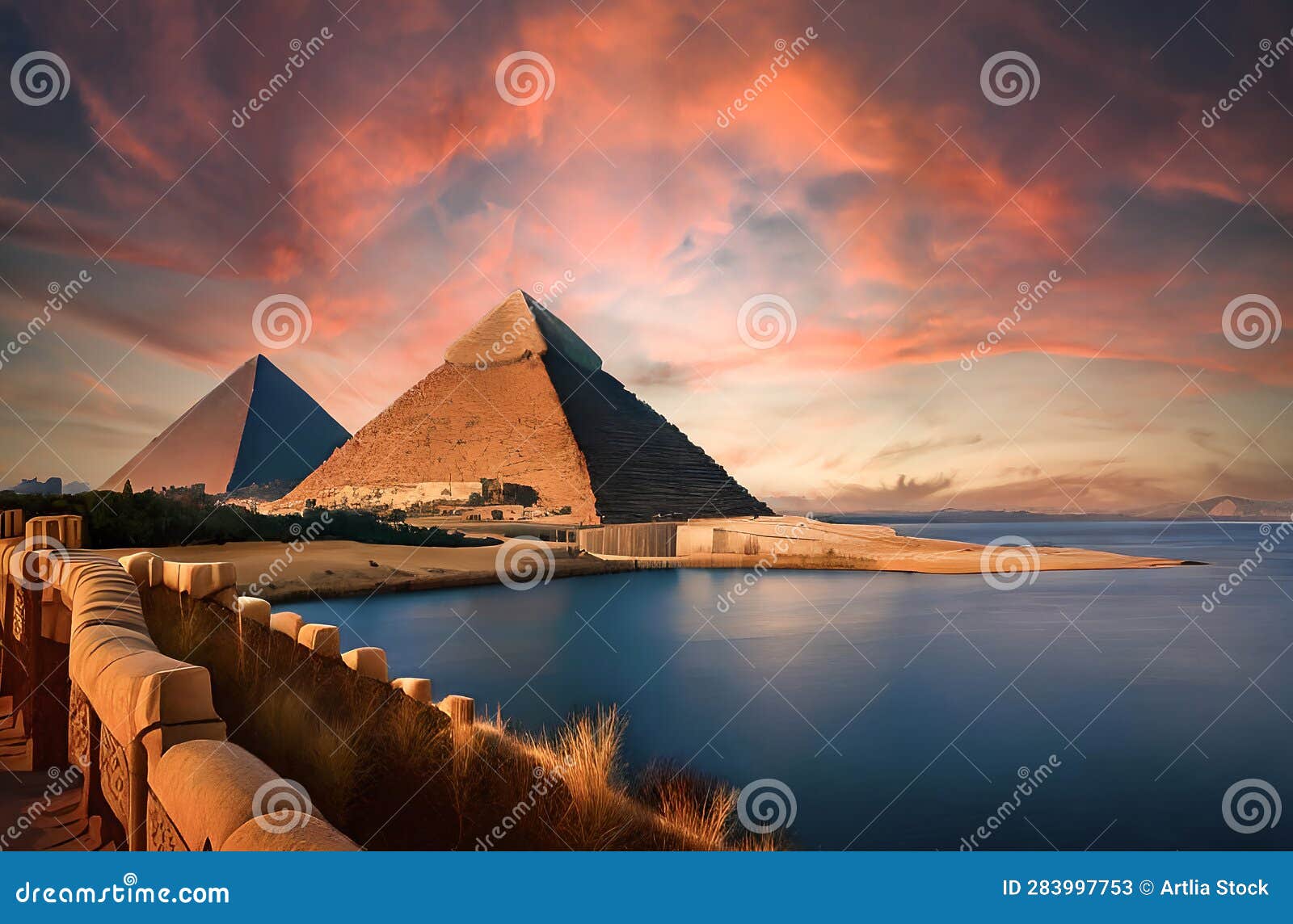 The Great Pyramid of Giza and the Nile River at Sunset, Egypt Stock ...