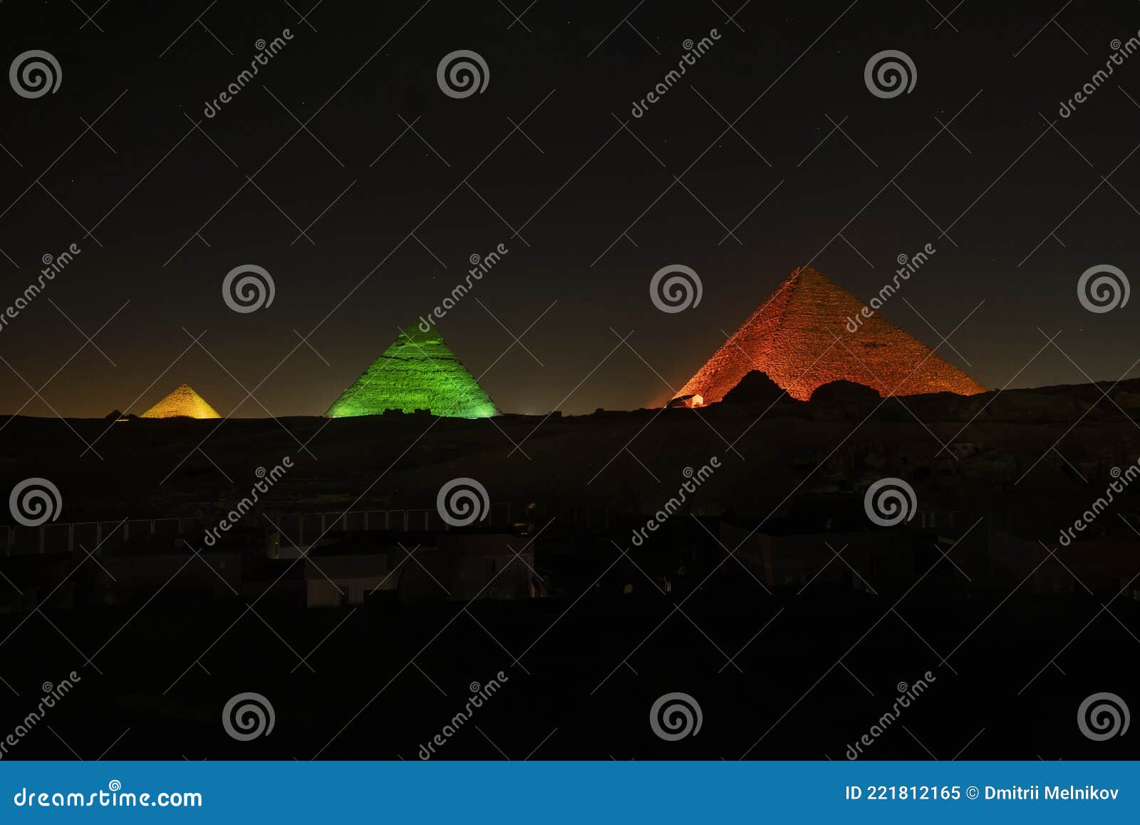 Great Pyramids of Giza in the Night Laser Light during the Evening Show ...