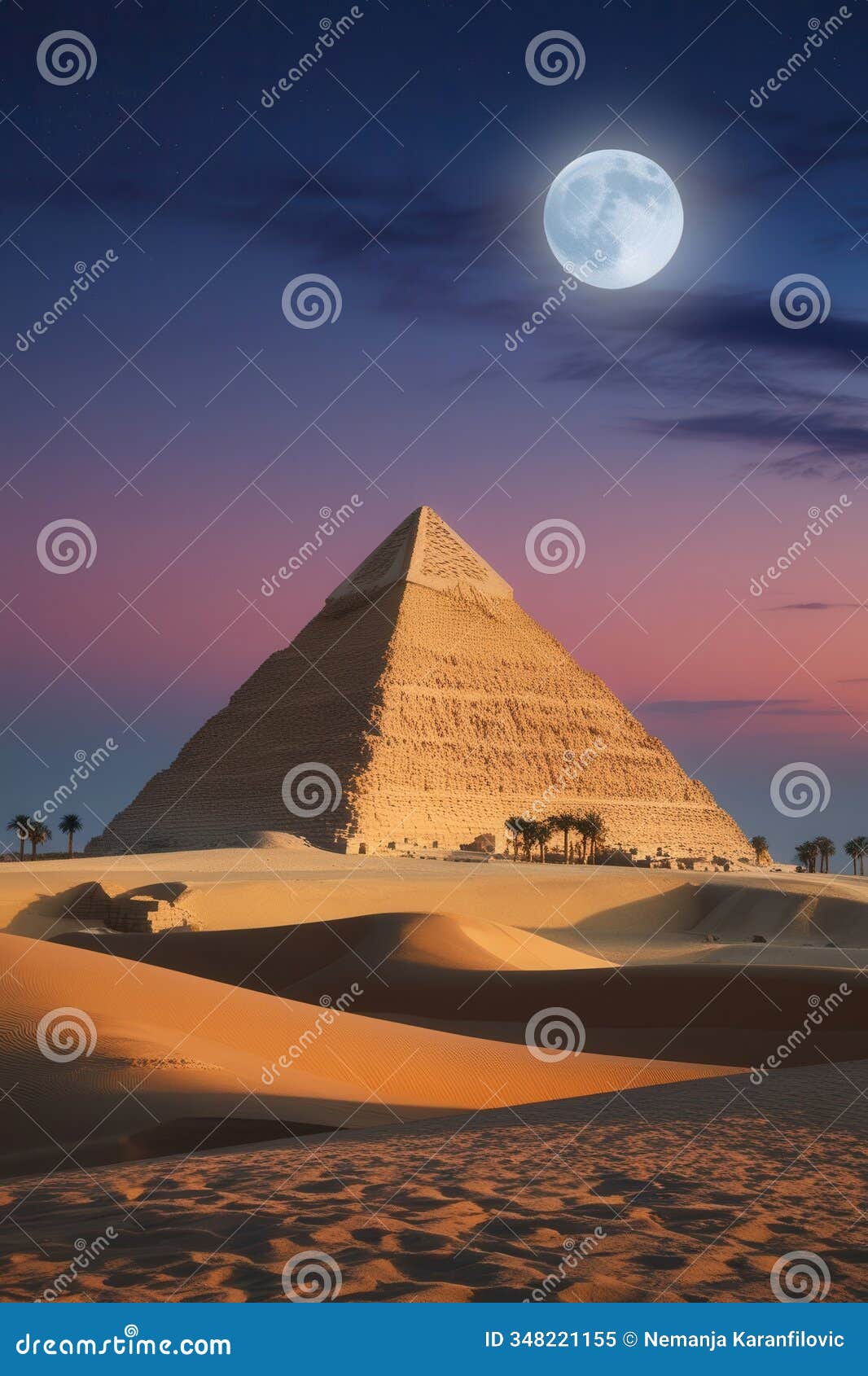 Great Pyramids of Giza during Sunset with Crescent Moon Above Stock ...
