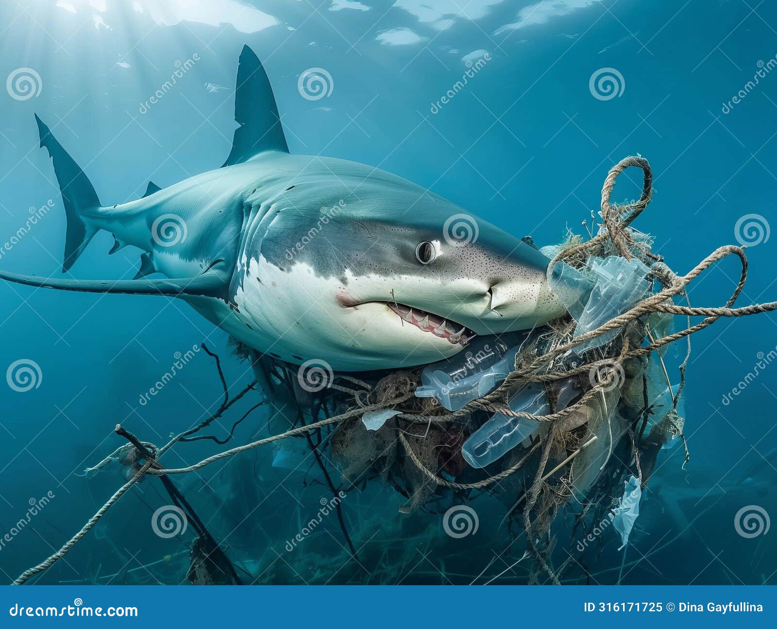 The Great Shark in Plastic Garbage. the Concept of Ocean Pollution and ...