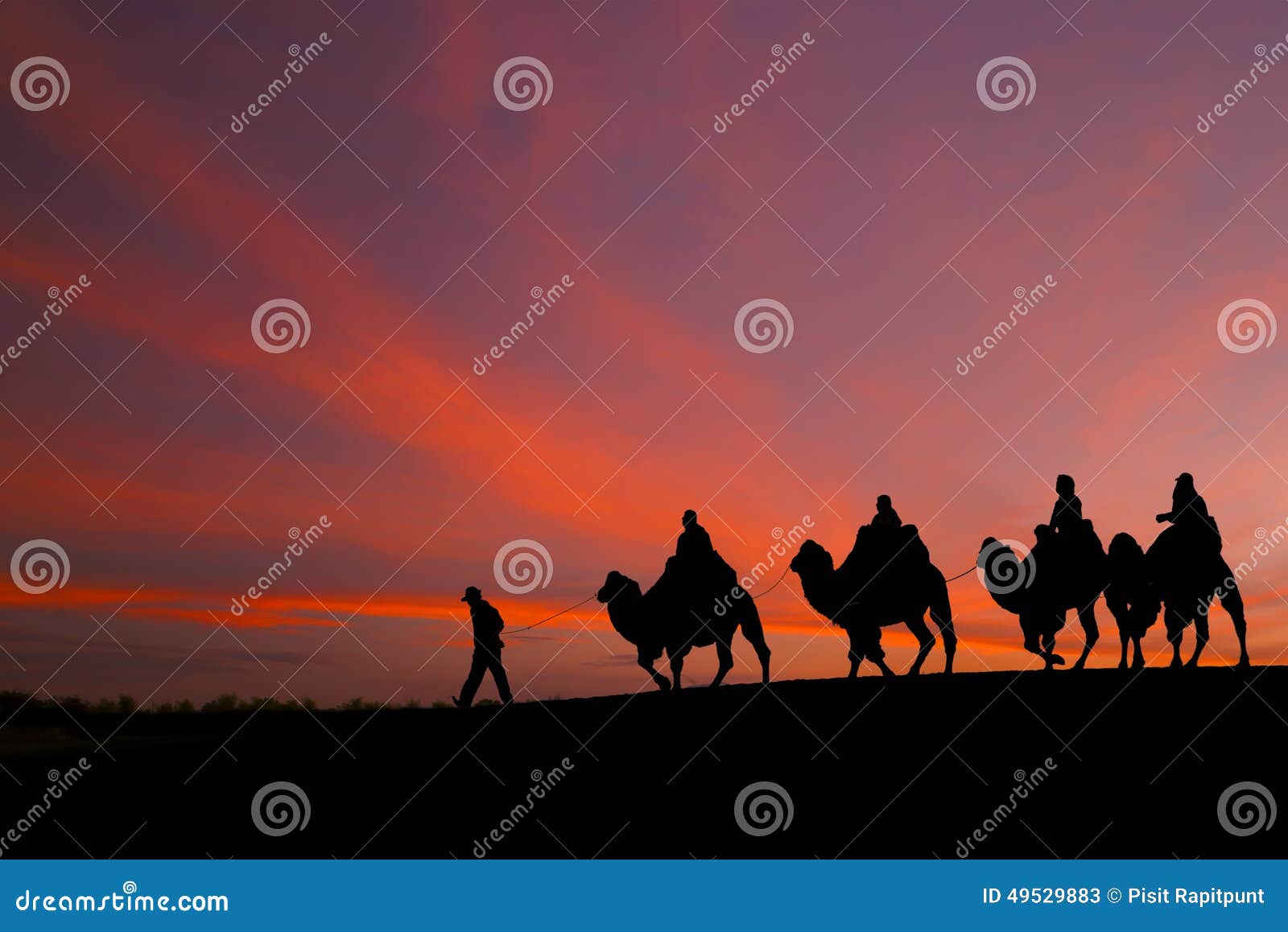 Great Sky and Caravan Travelers Riding Camels. Stock Image - Image of ...