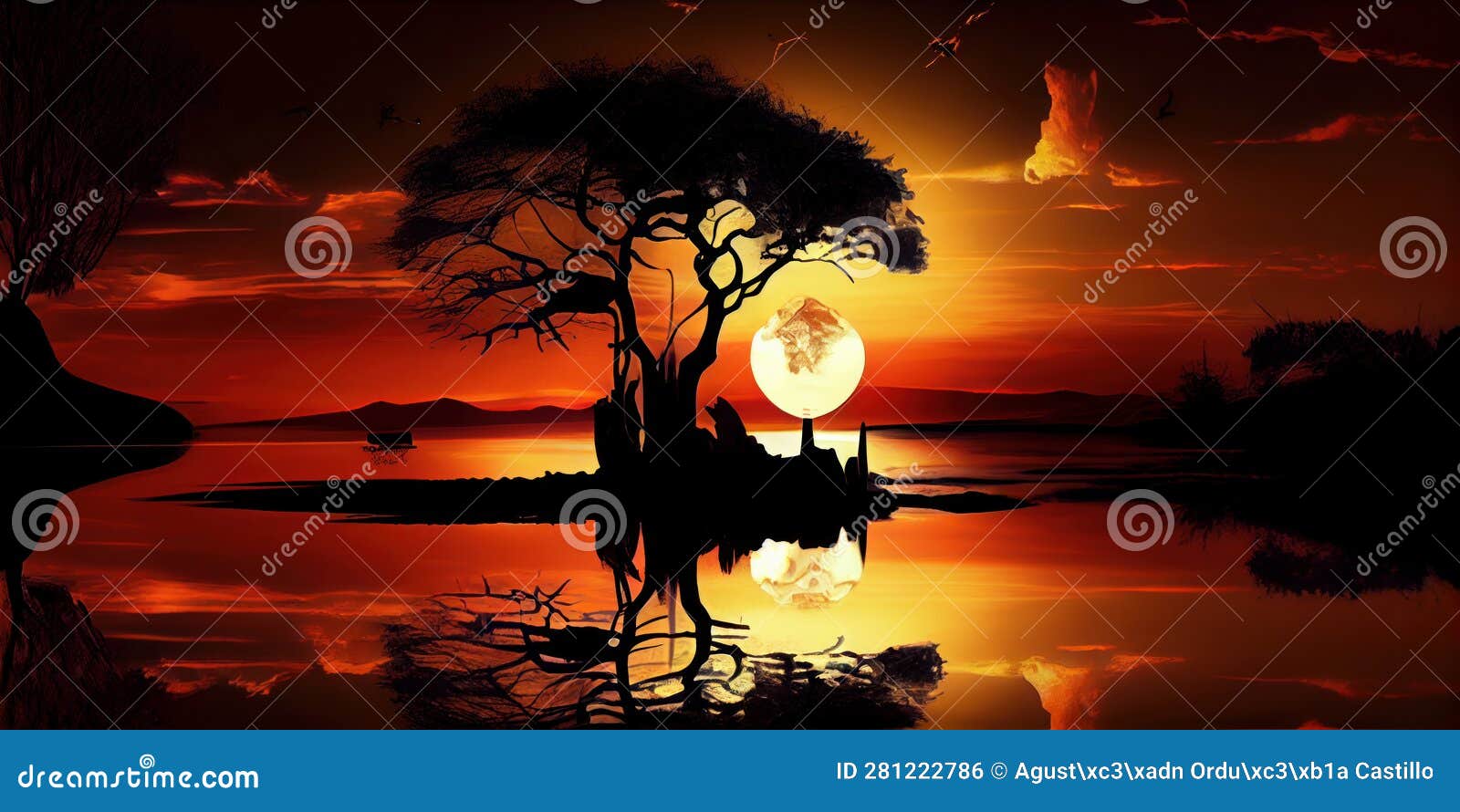 Great Sun at Sunset in the Swamp. Stock Illustration - Illustration of ...