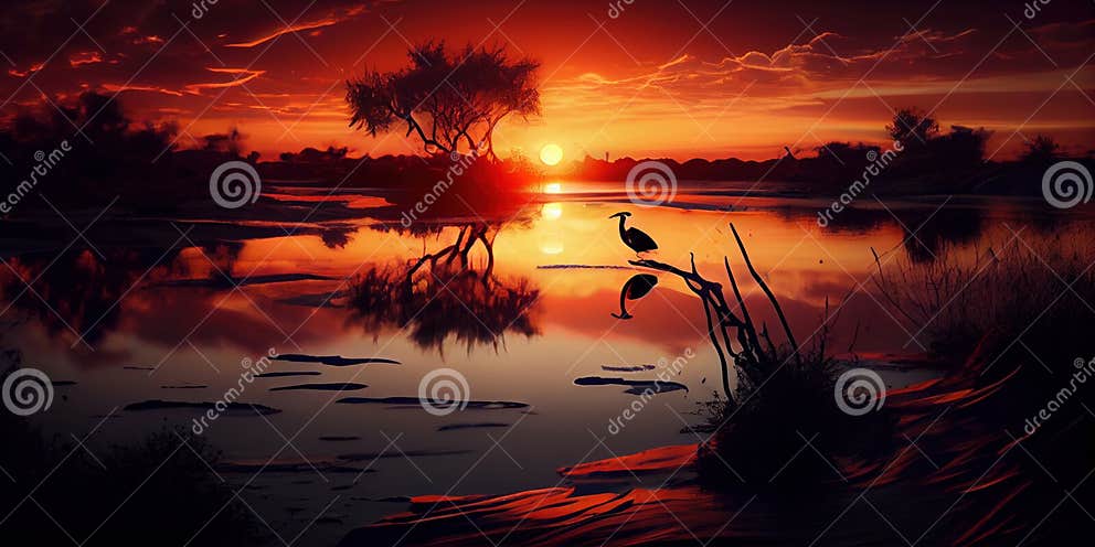 Great Sun at Sunset in the Swamp. Stock Illustration - Illustration of ...