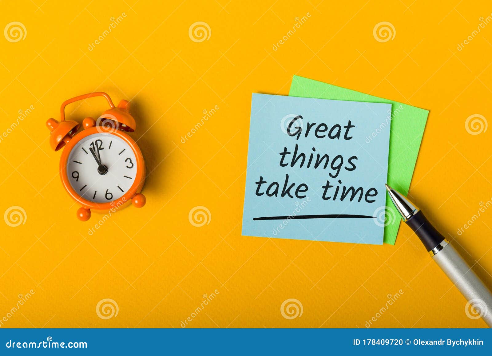 Great Things Take Time - Written in Note on Desk with Little Clock ...
