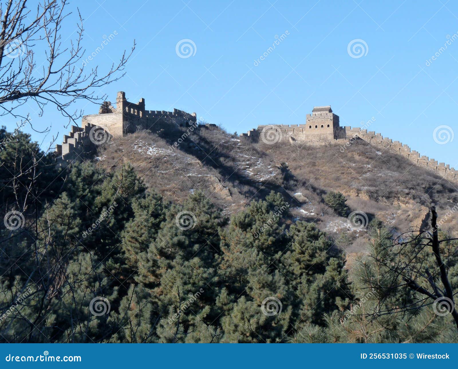 Great Wall of China on Blue Sky Background with Green Trees in the ...
