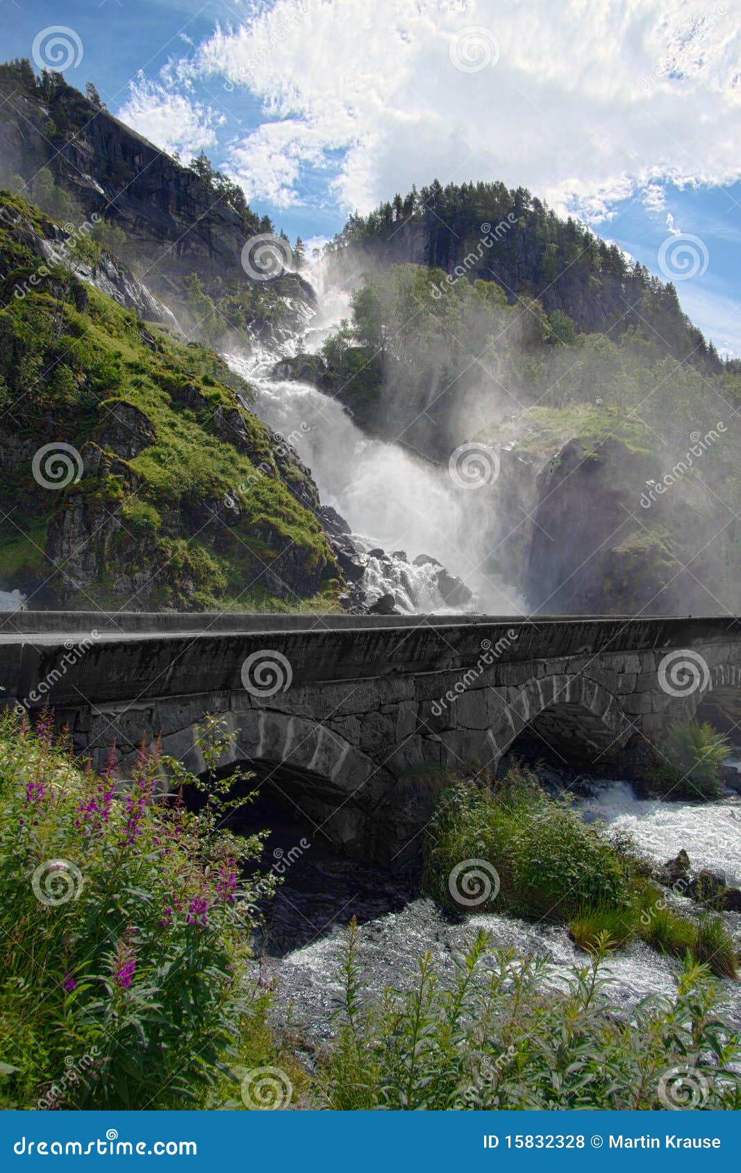 Great Waterfall with a Bridge Stock Photo - Image of mountains, falls ...