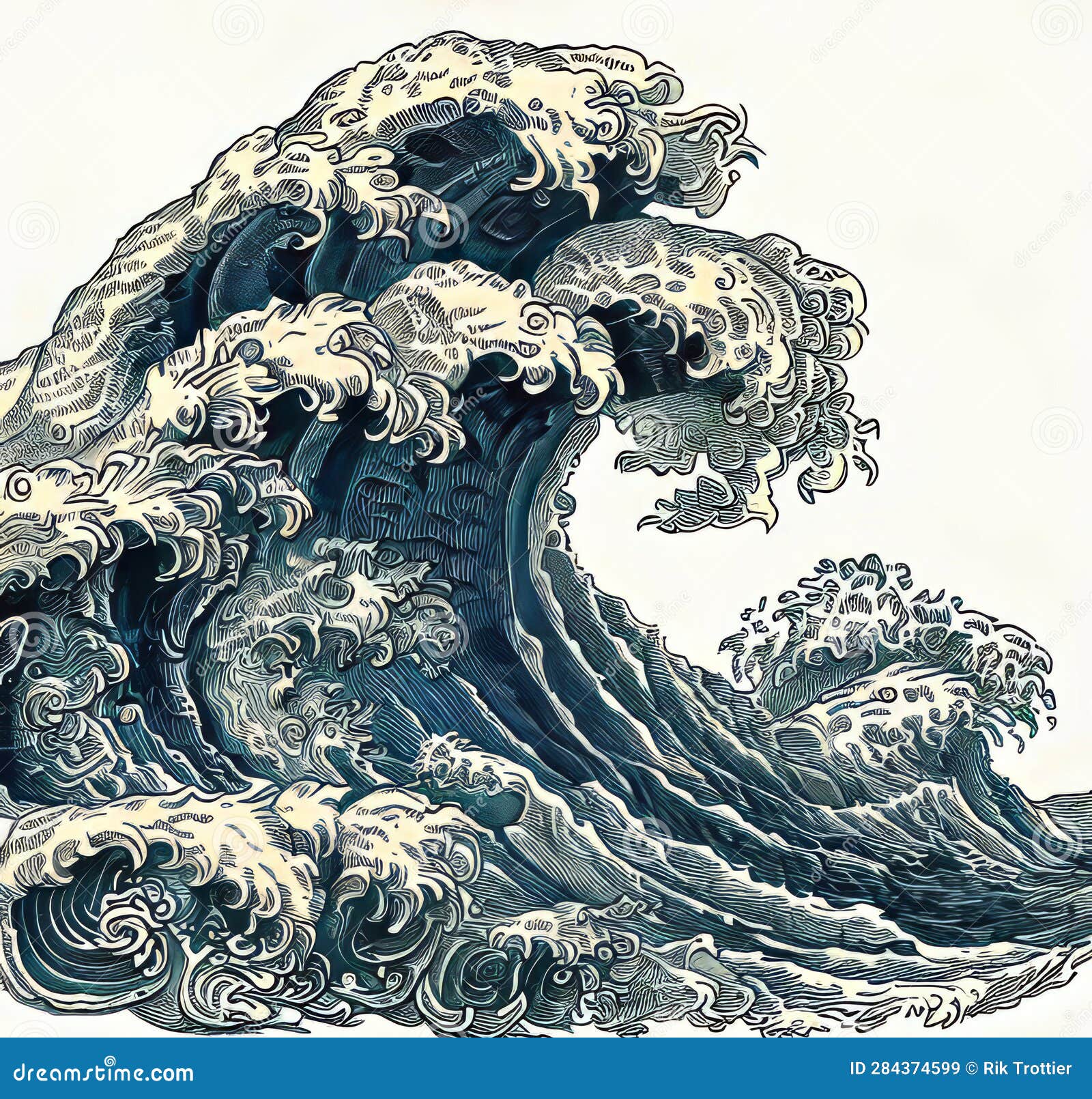 Great Wave Drawing in Blue and White Stock Illustration - Illustration ...
