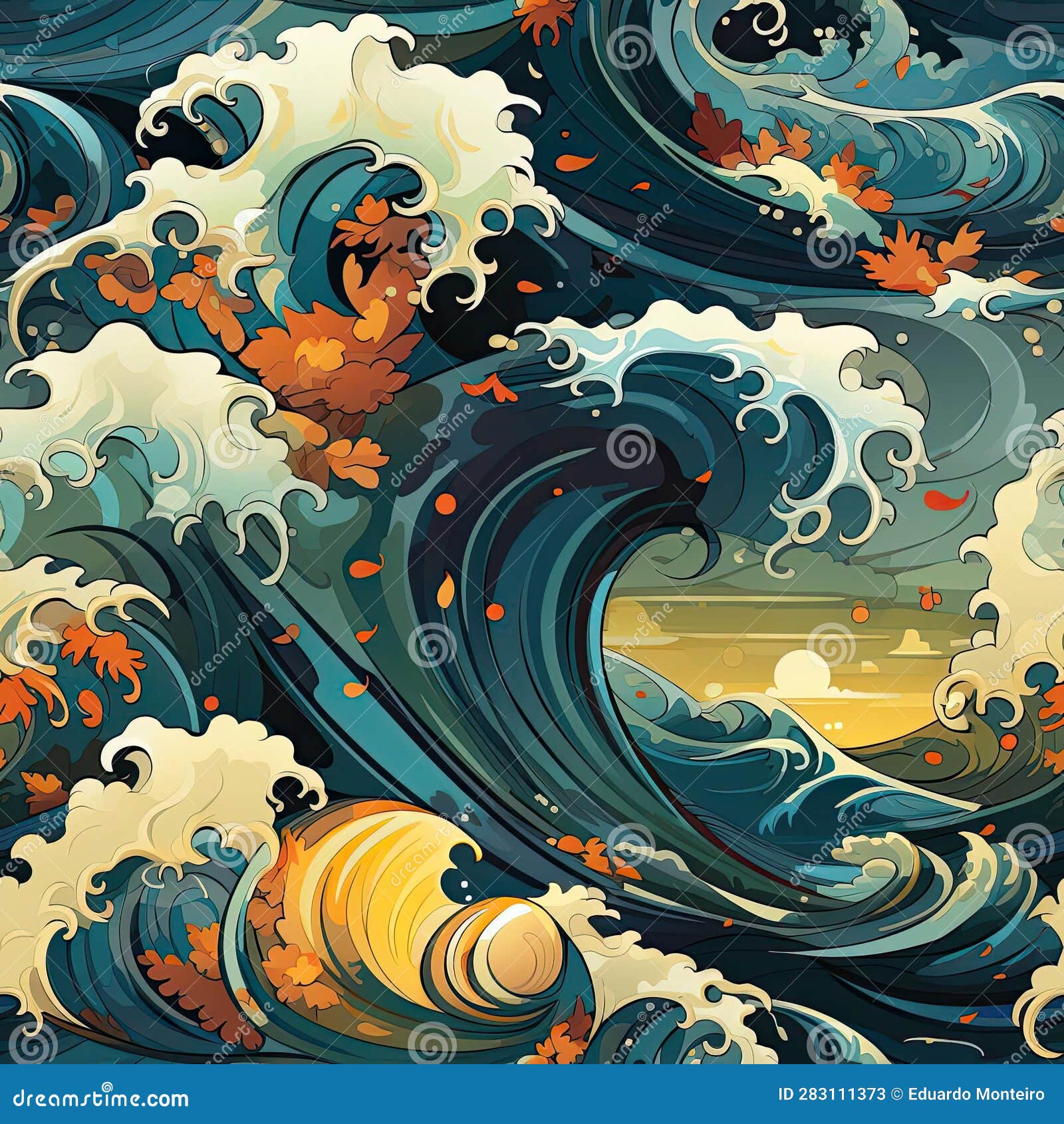The Great Wave Pattern with Autumn Leaves Floating on the Sea (tiled ...