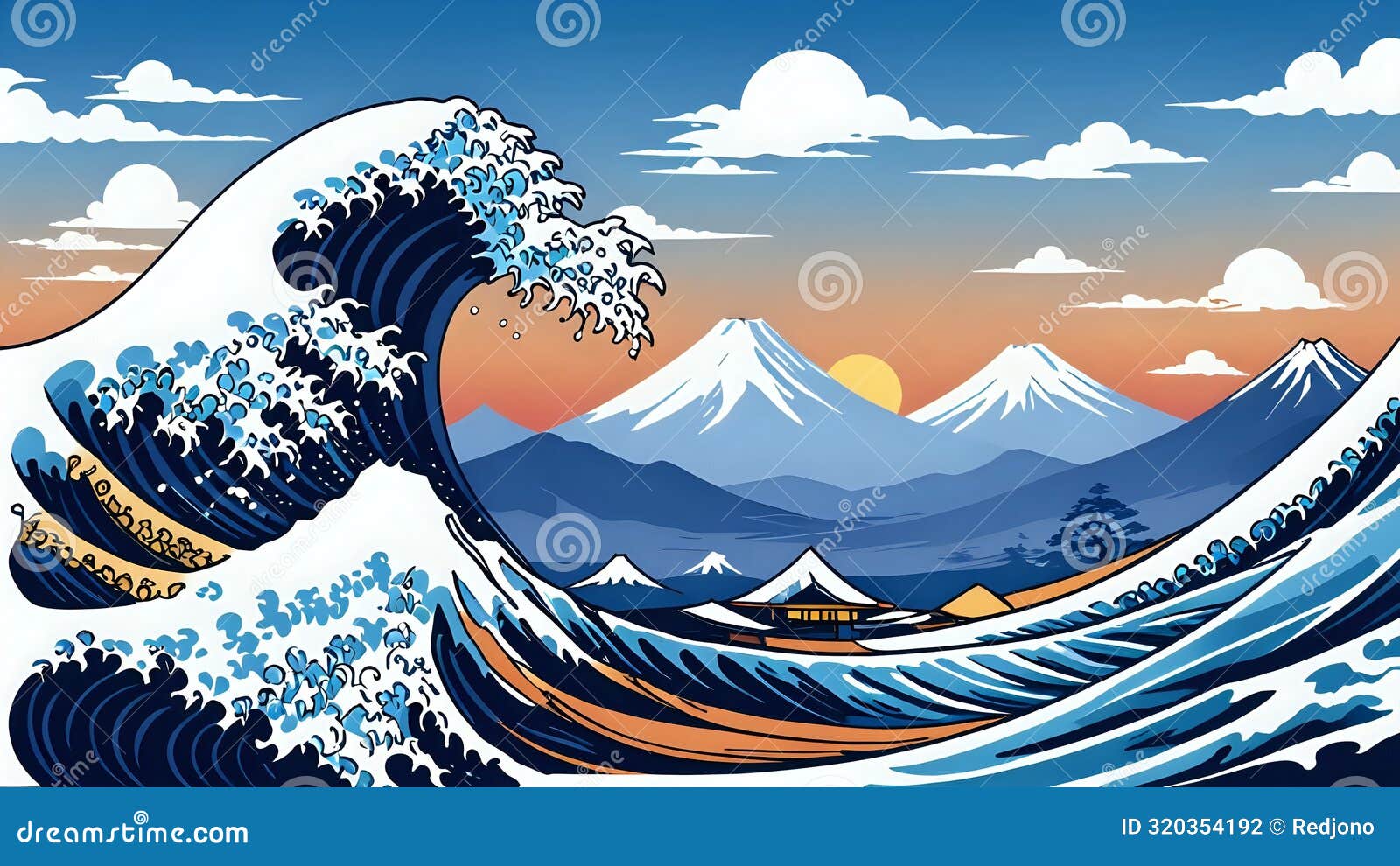 Great Wave Vector Sunset Illustration. Great Wave With Mount Fuji After ...