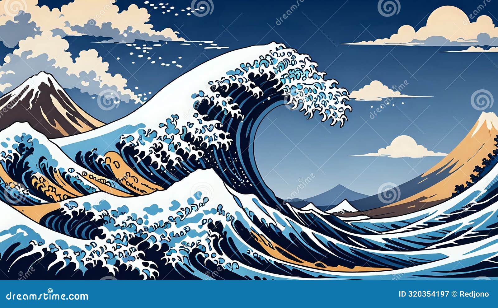 Great Wave Vector Sunset Illustration. Great Wave with Mount Fuji after ...