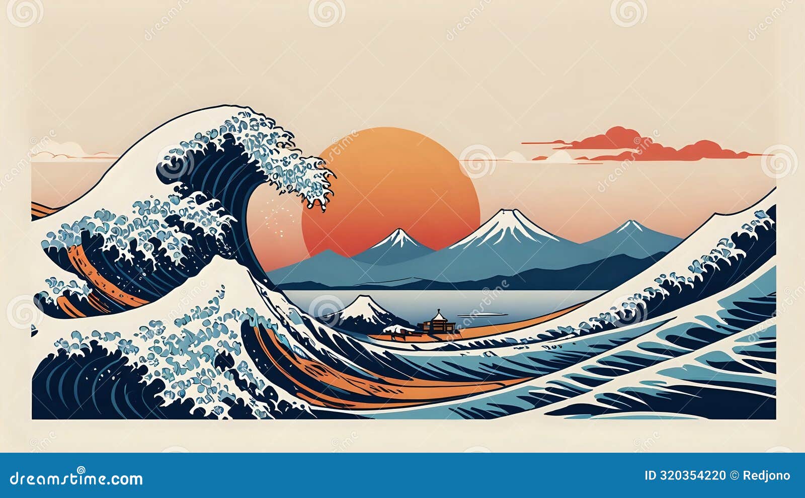Great Wave Vector Sunset Illustration. Great Wave With Mount Fuji After ...