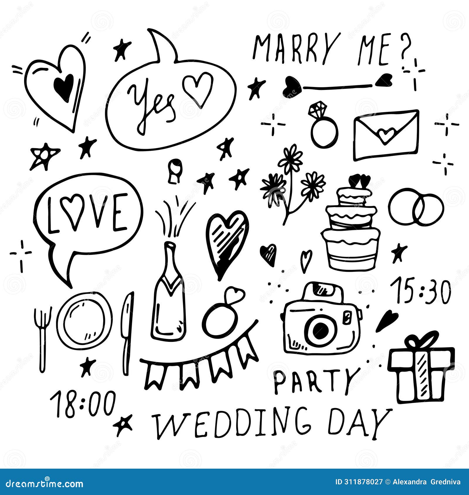 Great Wedding Set Line Art Graphics. Wedding Elements, Calligraphy Text ...