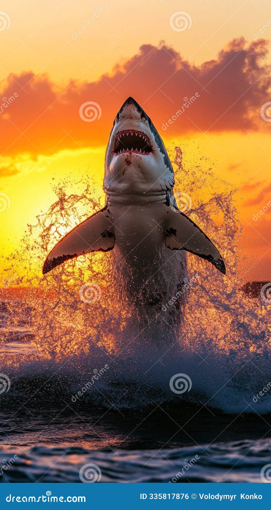 Great White Shark Breaching Ocean at Sunset, Dramatic Wildlife Display ...