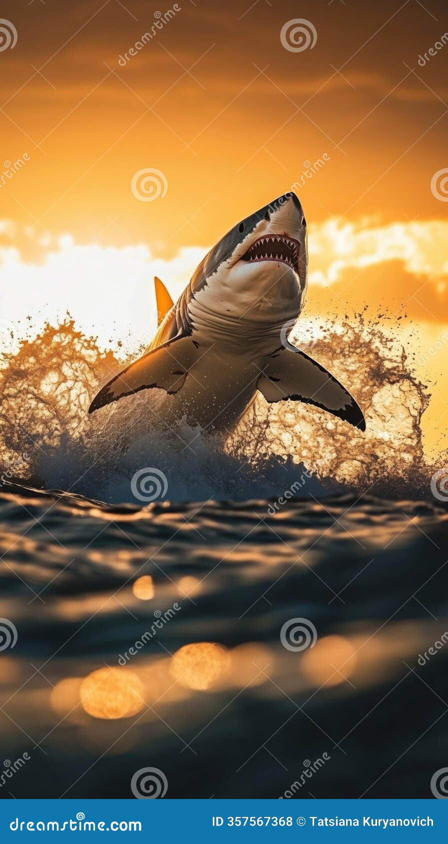 Great White Shark Breaching Ocean Surface at Sunset, Showcasing ...