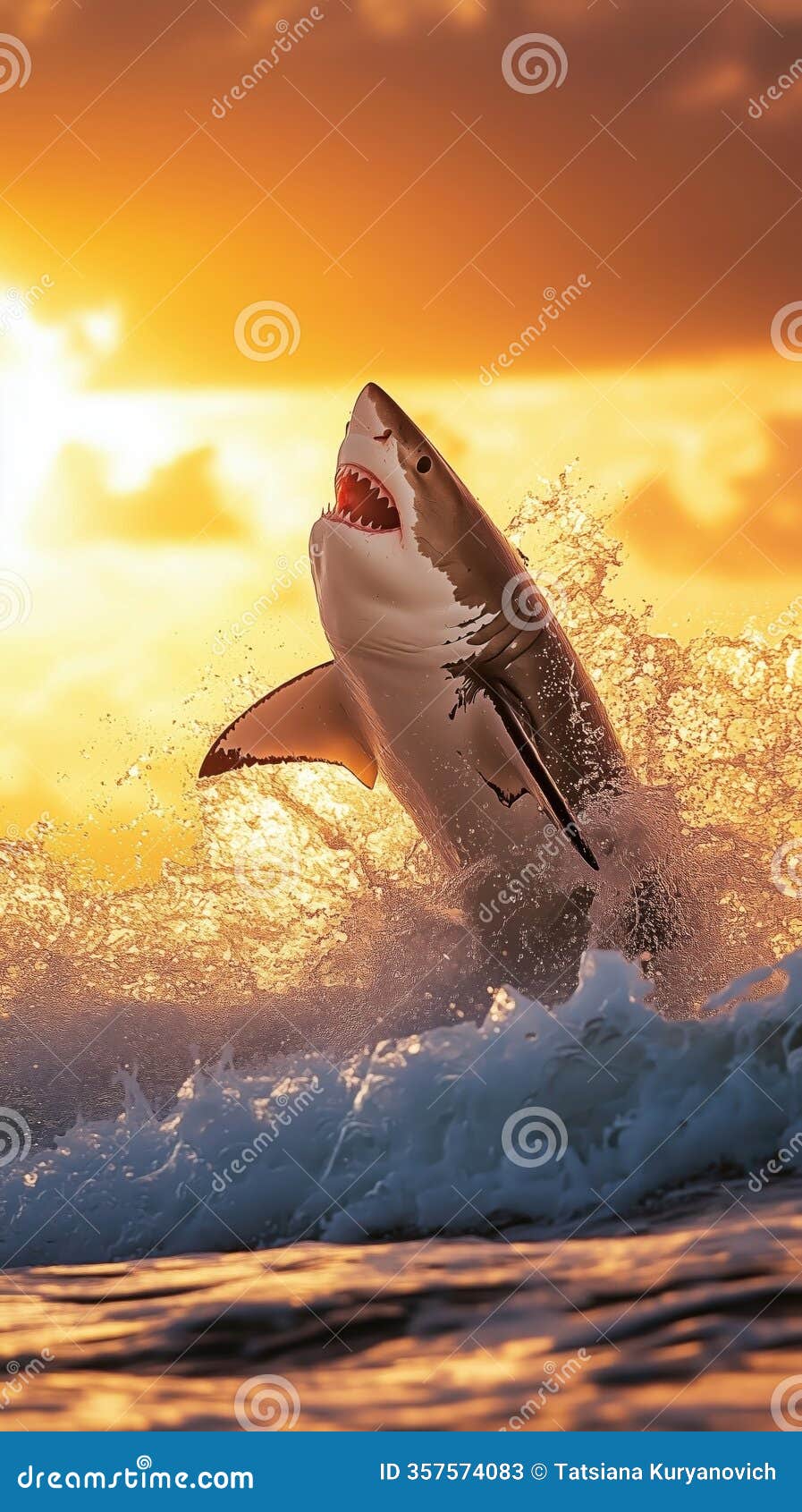 Great White Shark Breaching Ocean Surface at Sunset, Showcasing ...