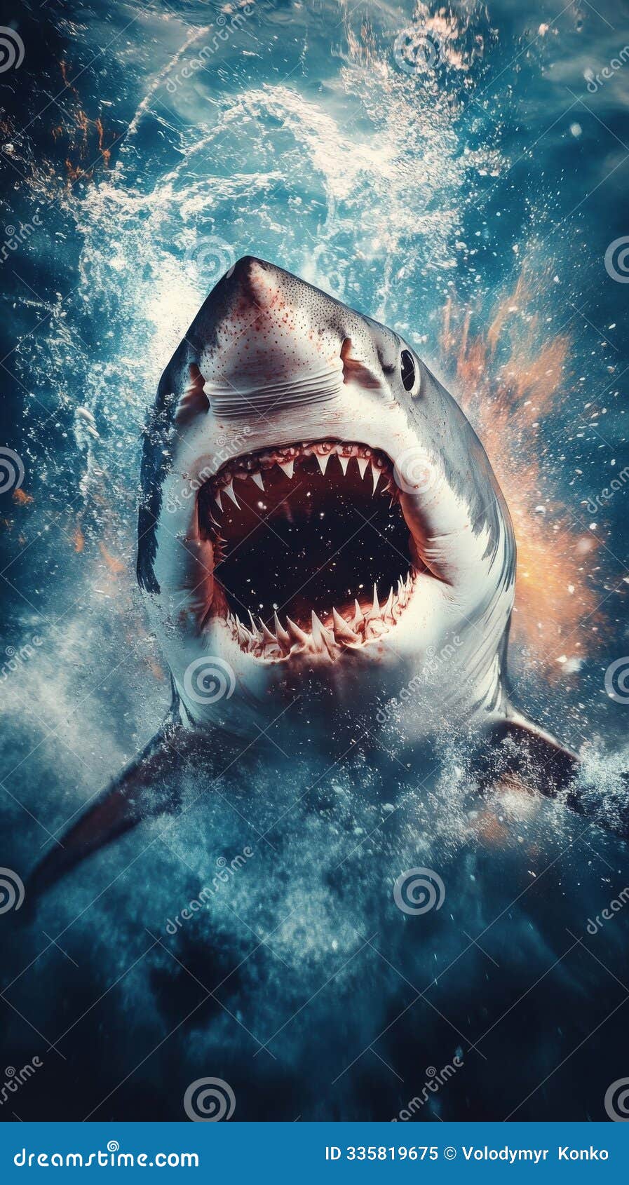 Great White Shark Breaching Water, Dramatic Ocean Scene Stock Image ...