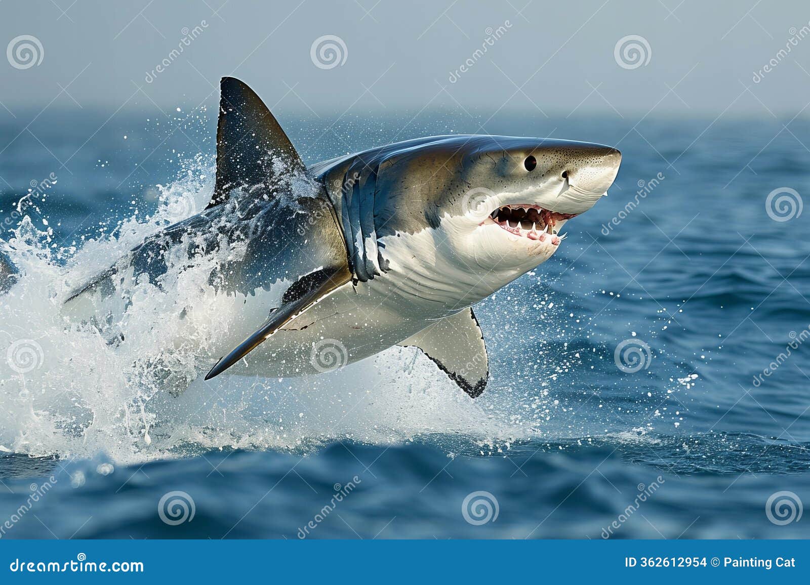 A Great White Shark, Captured in Midleap from the Water with Its Mouth ...