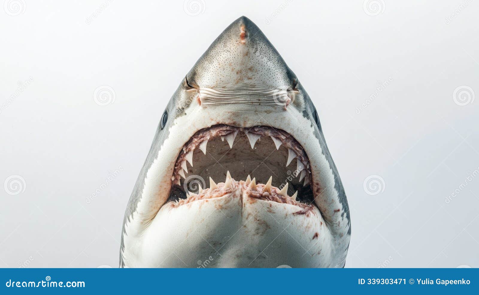 A Close-up View of a Great White Shark Showcasing Sharp Teeth Against a ...