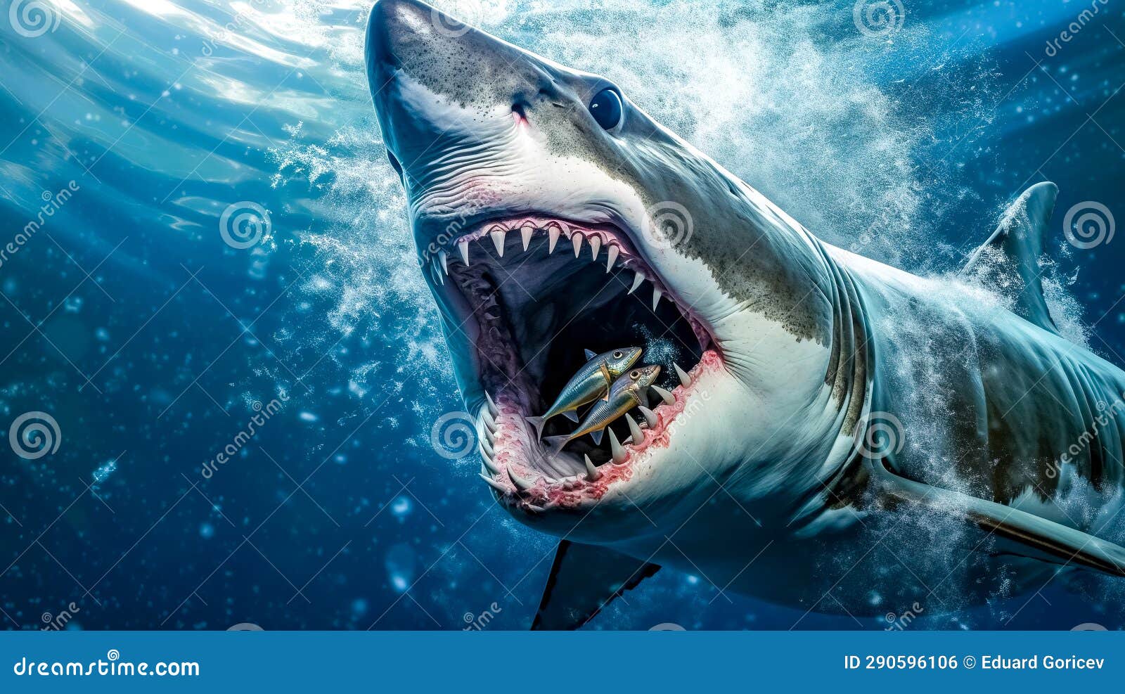 Great White Shark Eats Small Fish Under the Ocean Surface Stock Photo ...