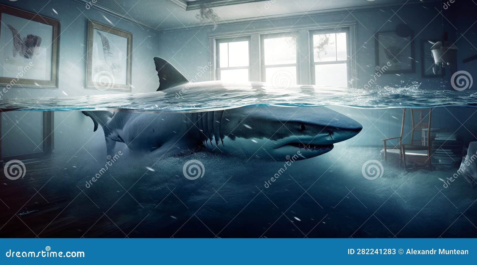 Great White Shark in House, Panoramic Image. Stock Illustration ...