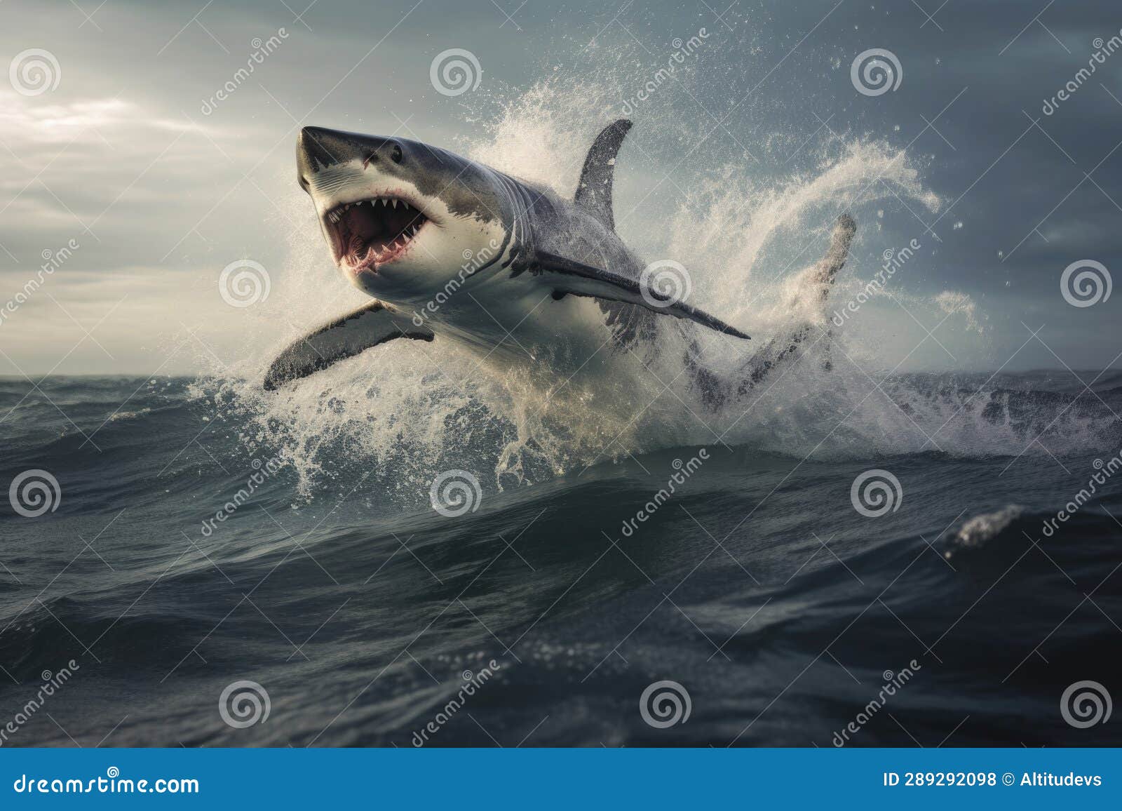 Great White Shark Leaping High during a Full Breach Stock Photo - Image ...