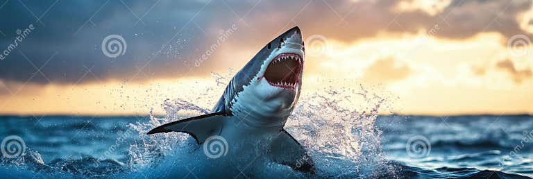 A Great White Shark Leaps from the Ocean Mouth Open with the Setting Sun Creating a Dramatic ...