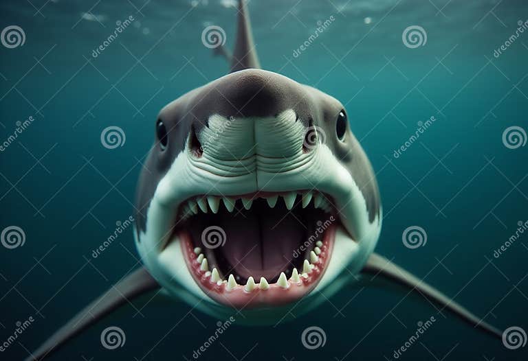 Great White Shark with Open Jaws Underwater Close-Up Stock Image ...