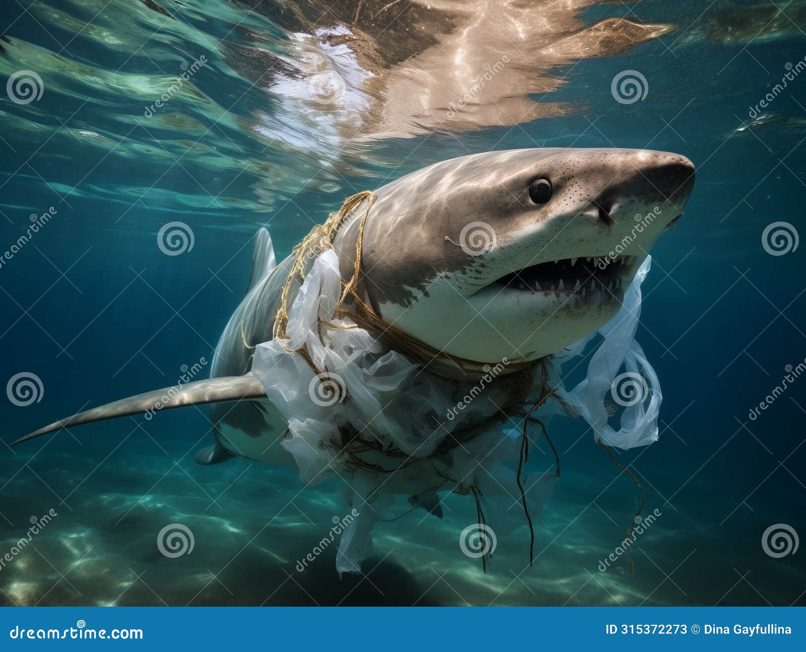 Great White Shark in Plastic Garbage. Concept of Ocean Pollution and ...