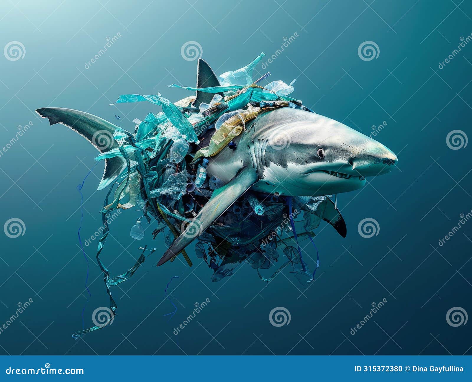 Great White Shark in Plastic Garbage. Concept of Ocean Pollution and ...