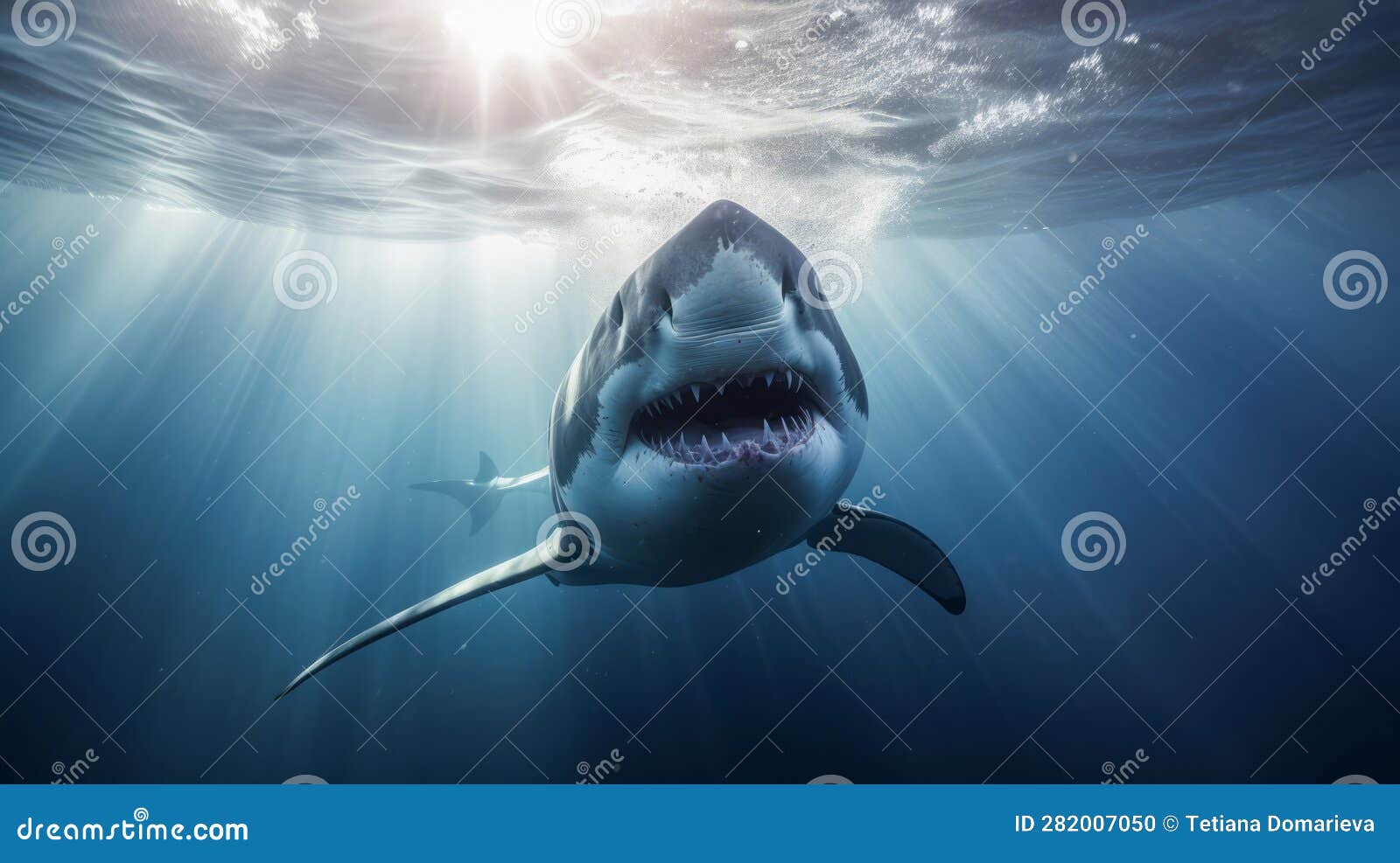 Great White Shark Underwater Filming. Shark Swims on Camera Under Sun S ...