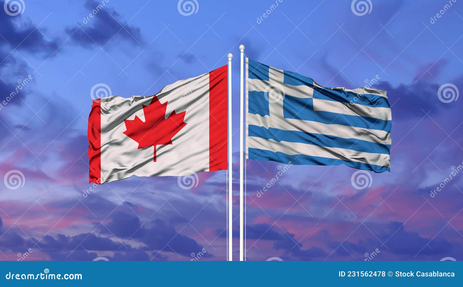 Greece and Canada Two Flags on Flagpoles and Blue Sky. Stock ...