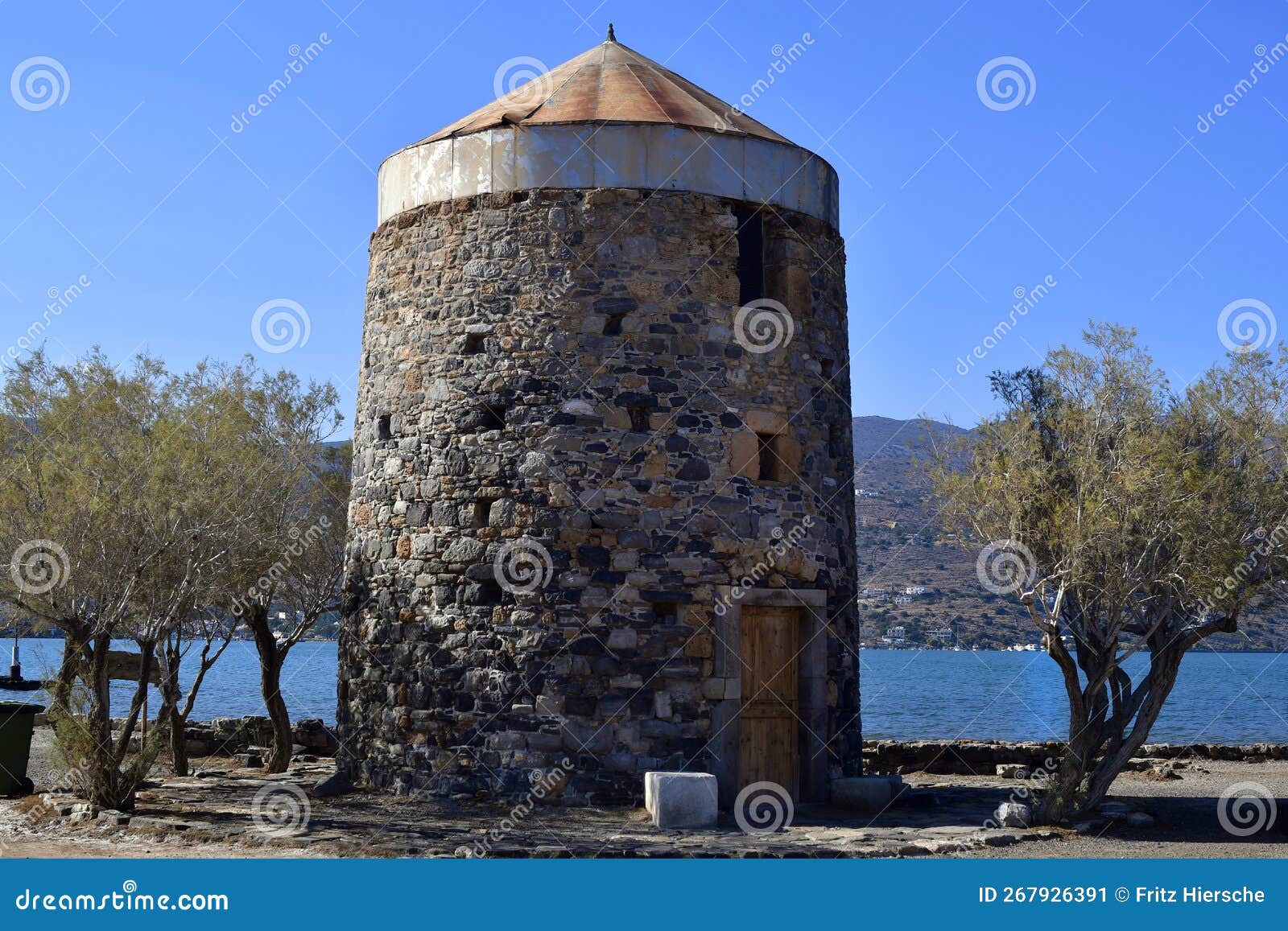 Greece, Crete, Elounda Windmills Stock Image - Image of stone, agios ...