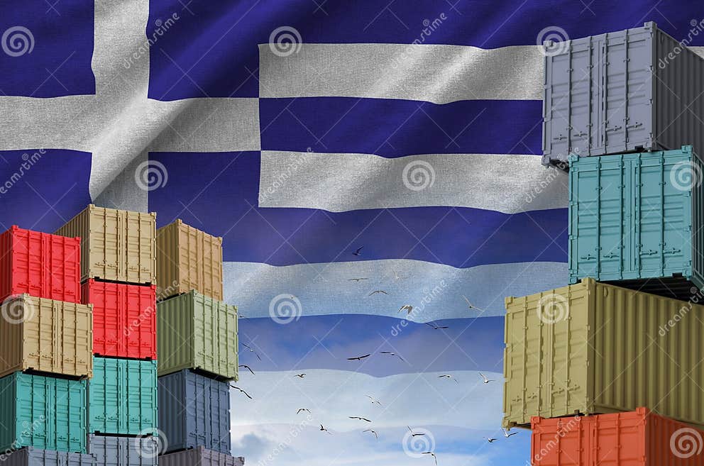 Greece Flag and Big Stack of Shipping Cargo Containers in Docks with ...