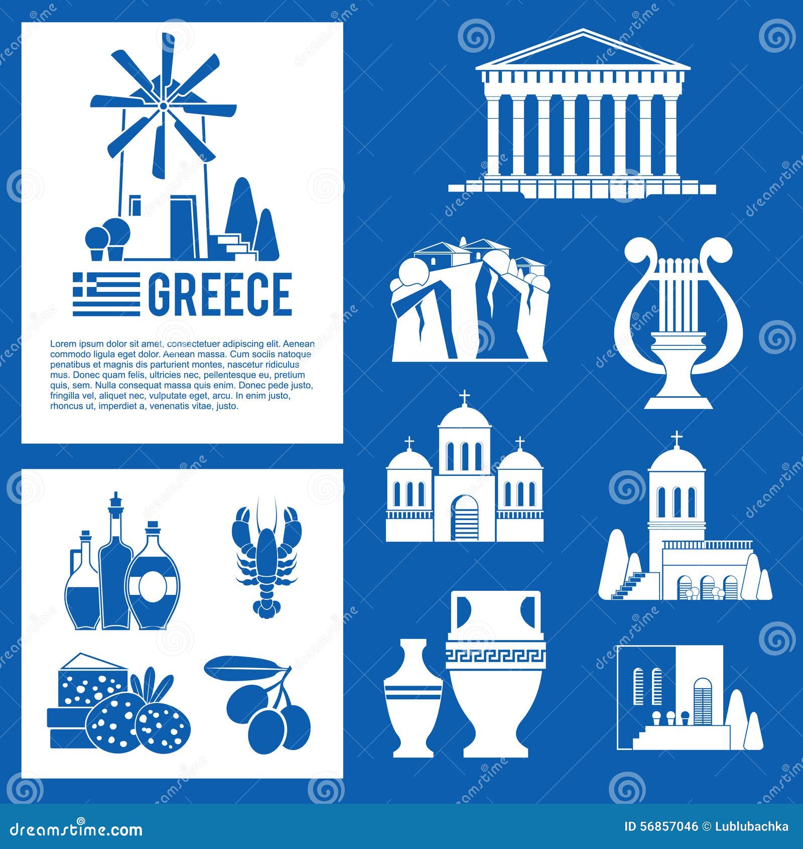 Greece Landmarks and Cultural Features Blue Icons Design Set Stock ...