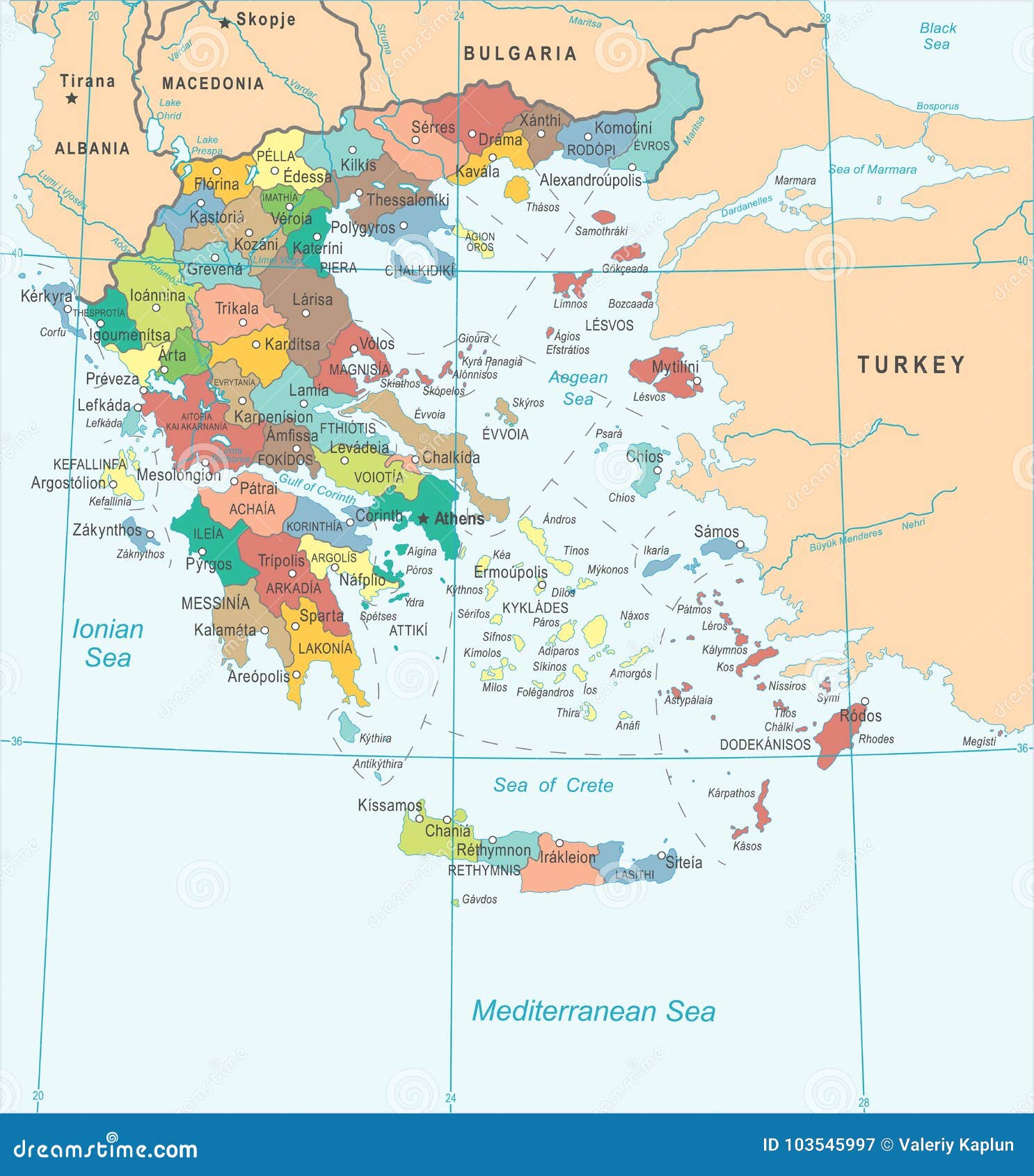 Greece Detailed Map Highlighted On Blue Rounded World Map Cartoon ...