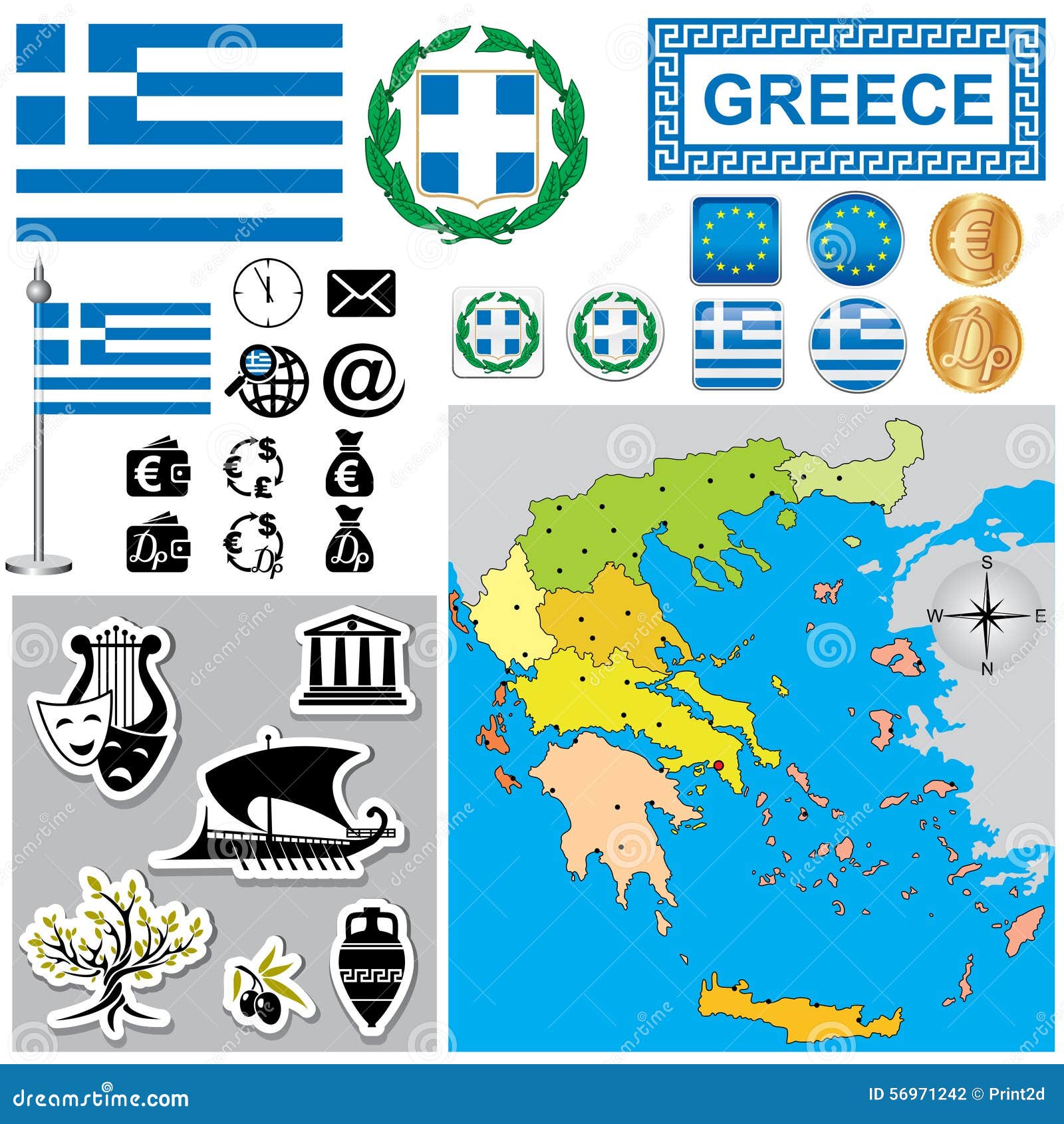 Greece map stock vector. Illustration of greece, areas - 56971242