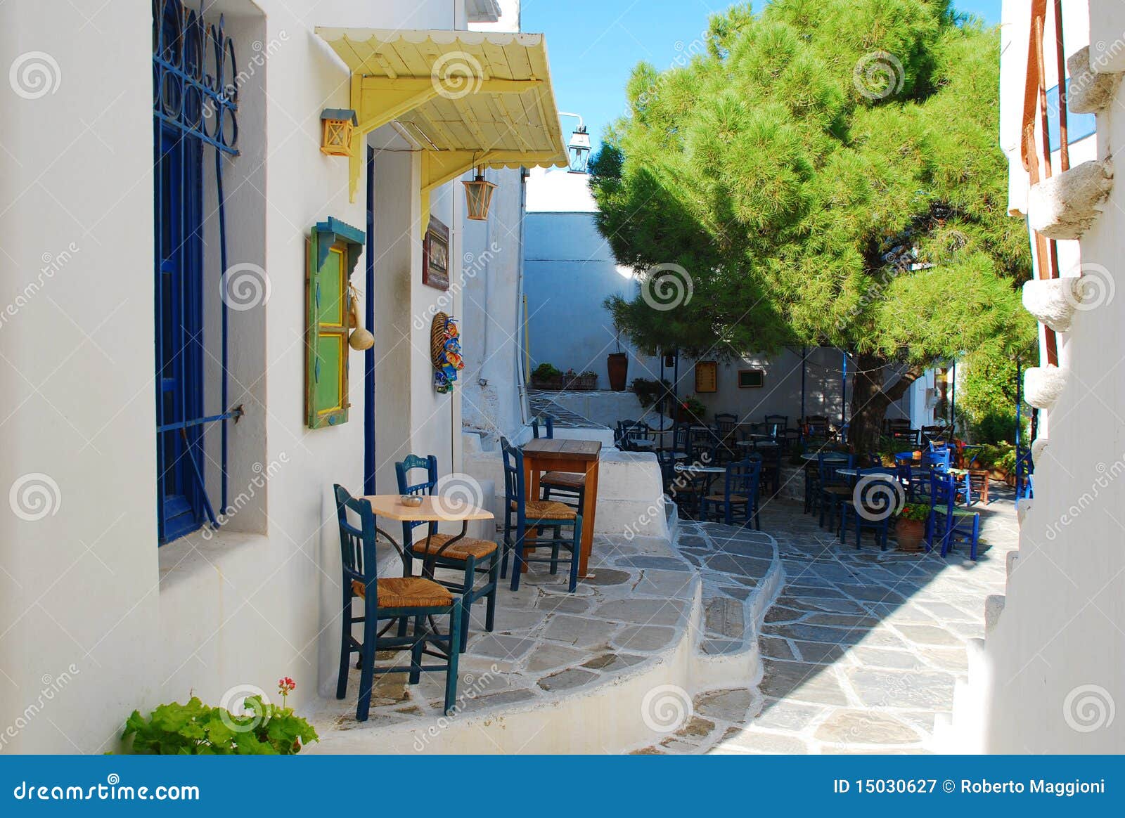 Greek Sidewalk Cafe Restaurant. Paros, Greece Stock Image - Image of ...